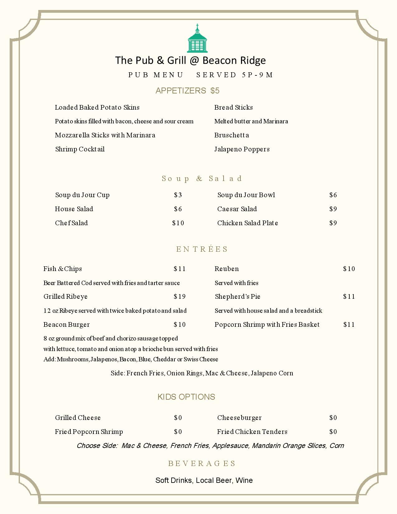 Dinner Menus - Beacon Ridge Golf & Country Club